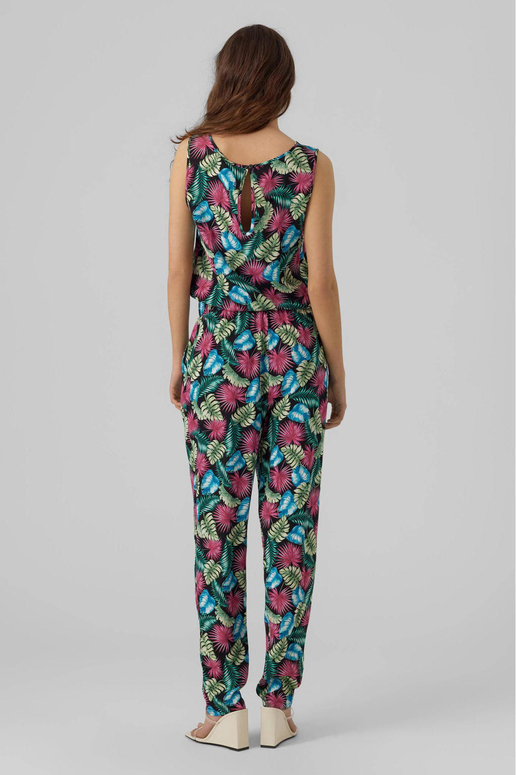 VERO MODA jumpsuit VMEASY met bladprint zwart/roze/groen | wehkamp