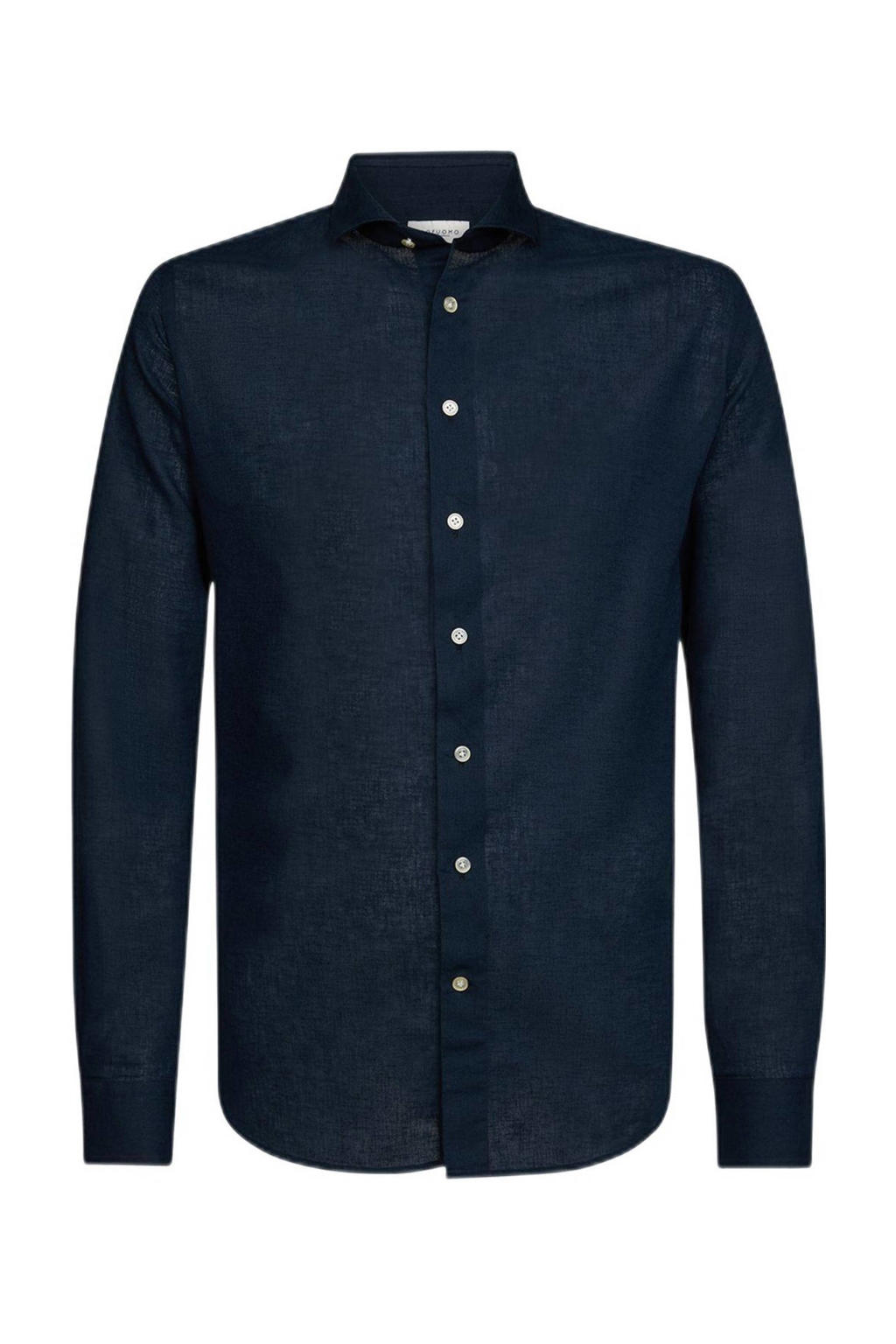 Profuomo gemêleerd slim fit overhemd met linnen navy | wehkamp