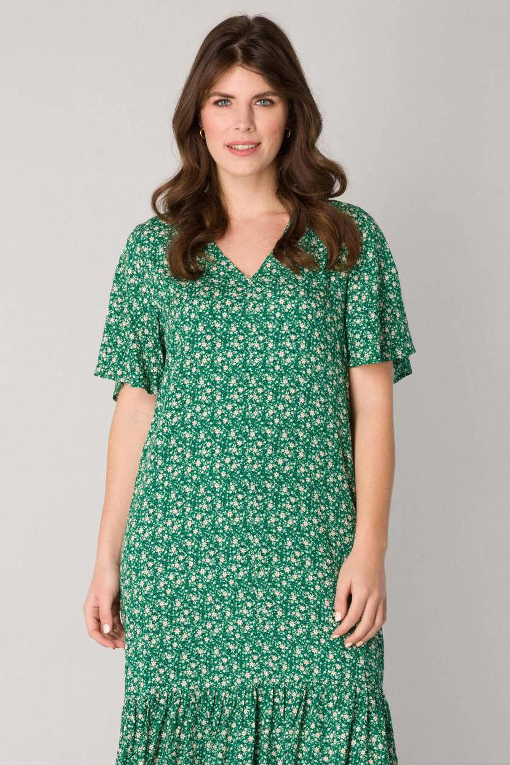 Ivy Beau A-lijn jurk met all over print en volant groen/ecru | wehkamp