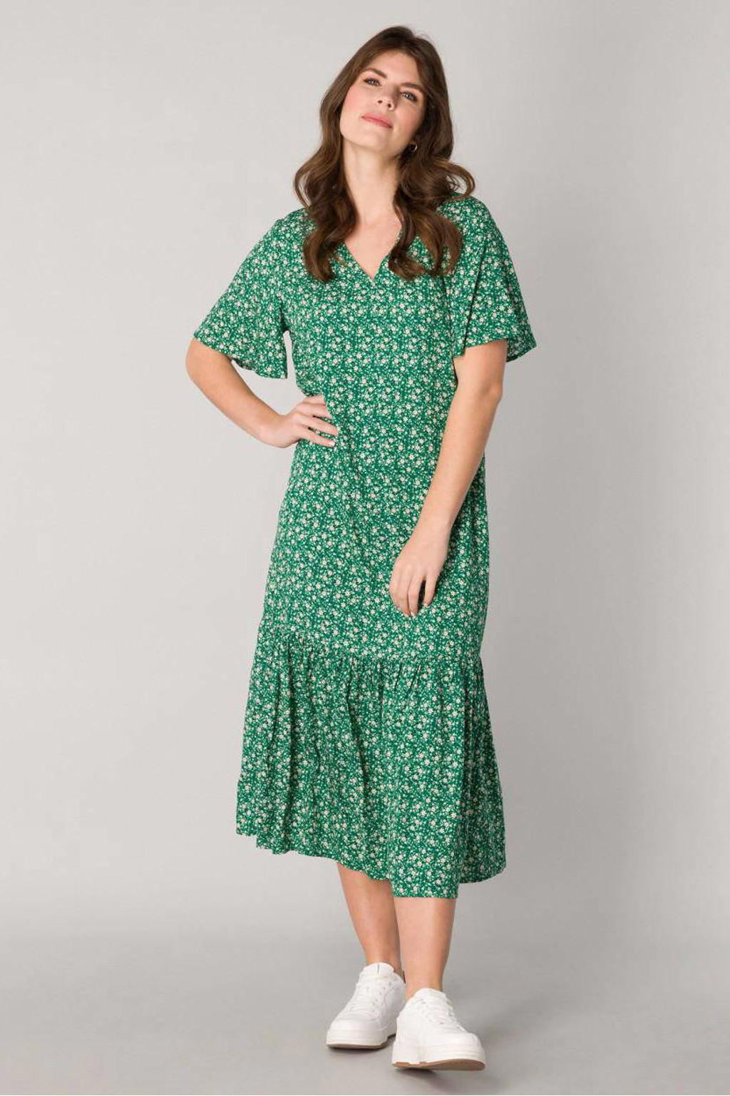 Ivy Beau A-lijn jurk met all over print en volant groen/ecru | wehkamp