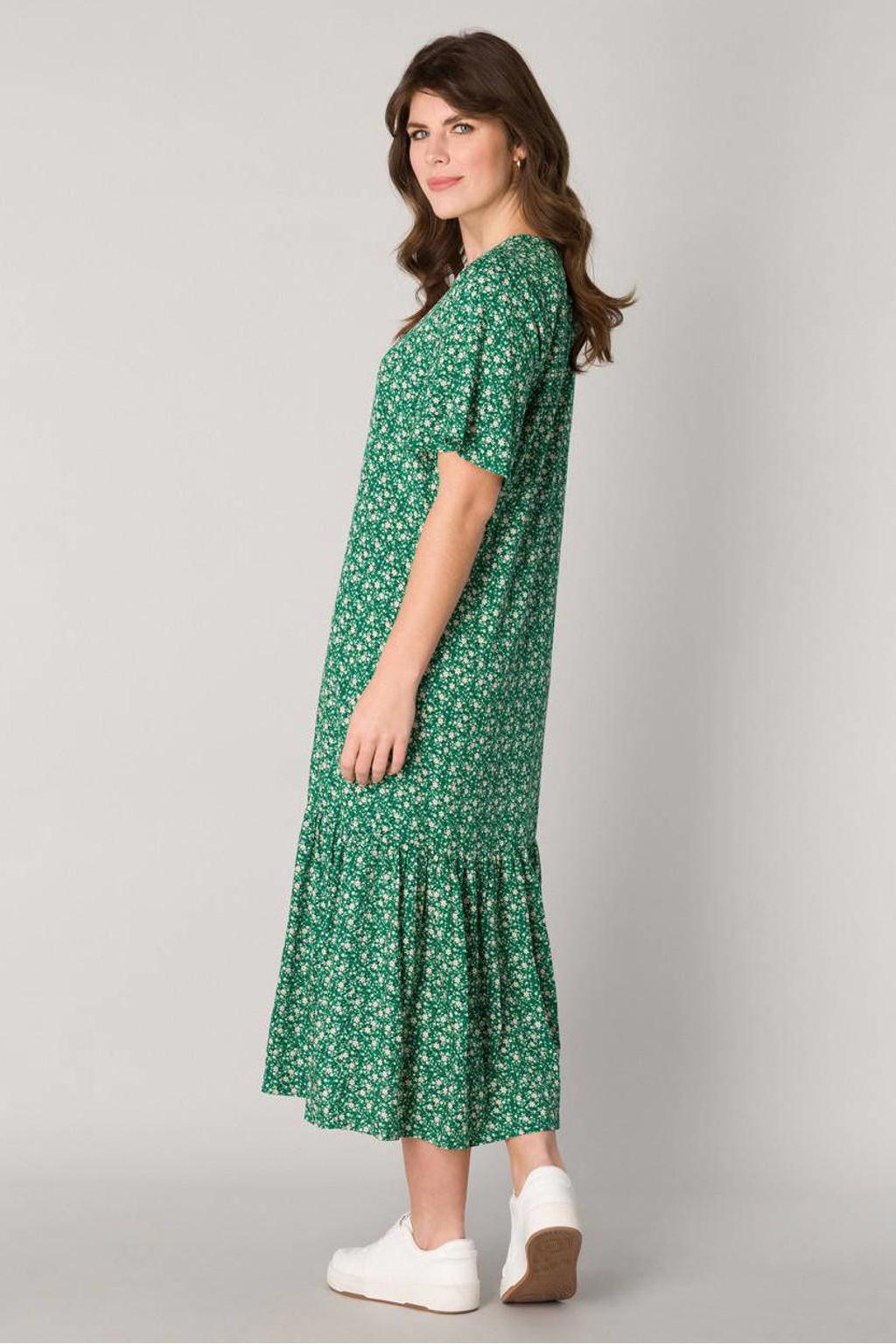 Ivy Beau A-lijn jurk met all over print en volant groen/ecru | wehkamp