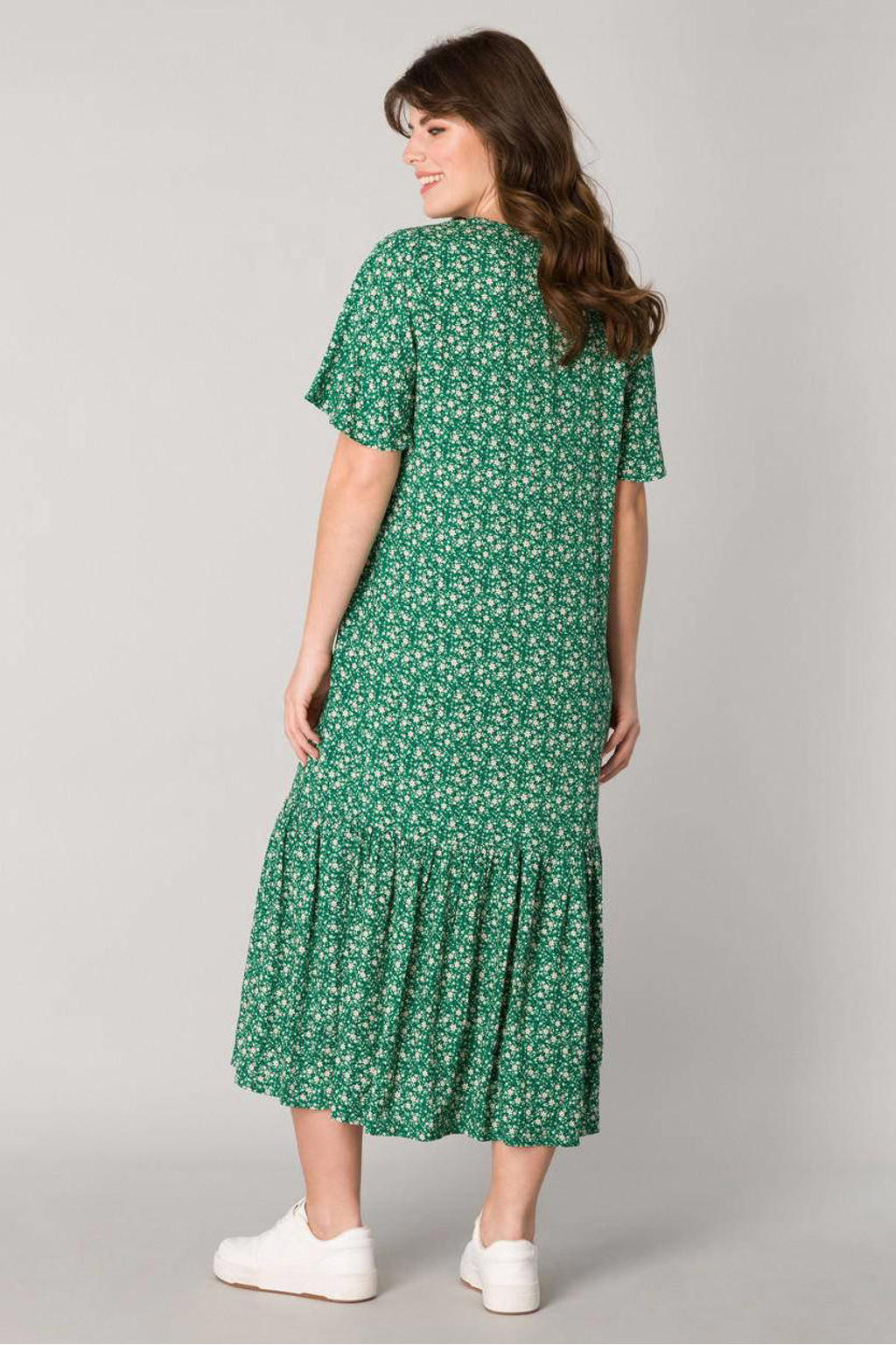 Ivy Beau A-lijn jurk met all over print en volant groen/ecru | wehkamp