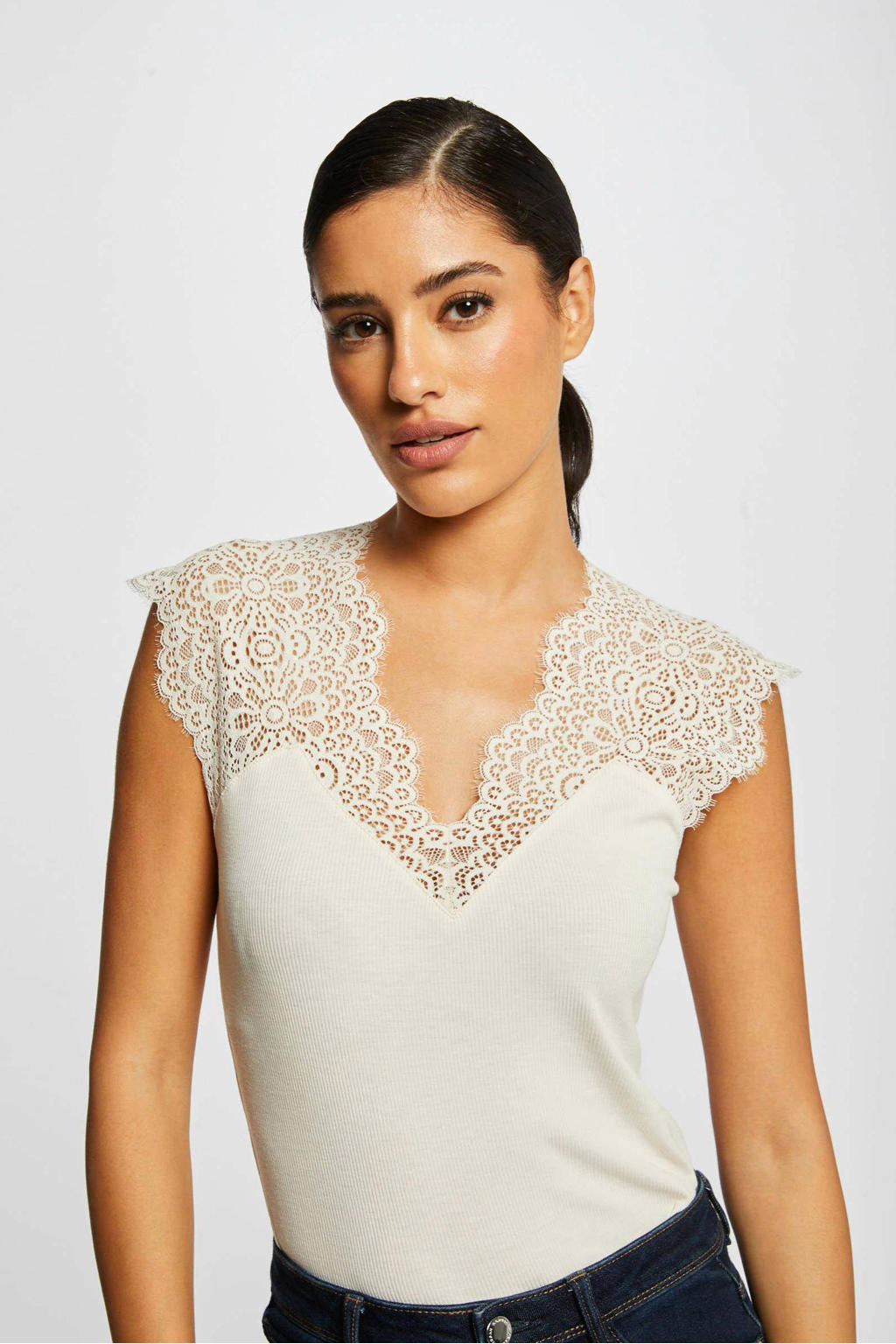 Morgan semi-transparante top met kant ecru | wehkamp