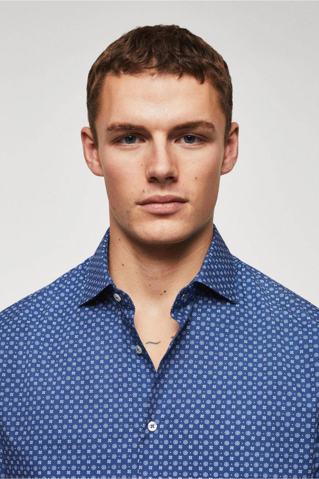 Mango Man regular fit overhemd met all over print middenblauw | wehkamp