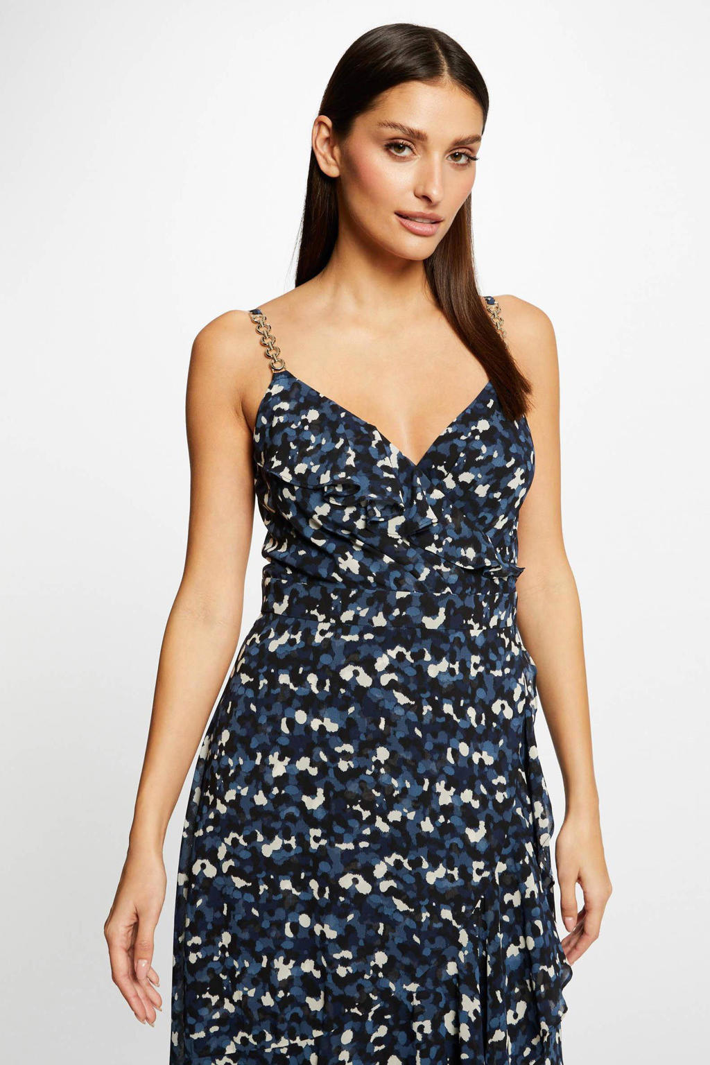 Morgan semi-transparante jurk met all over print en ruches blauw/ zwart | wehkamp