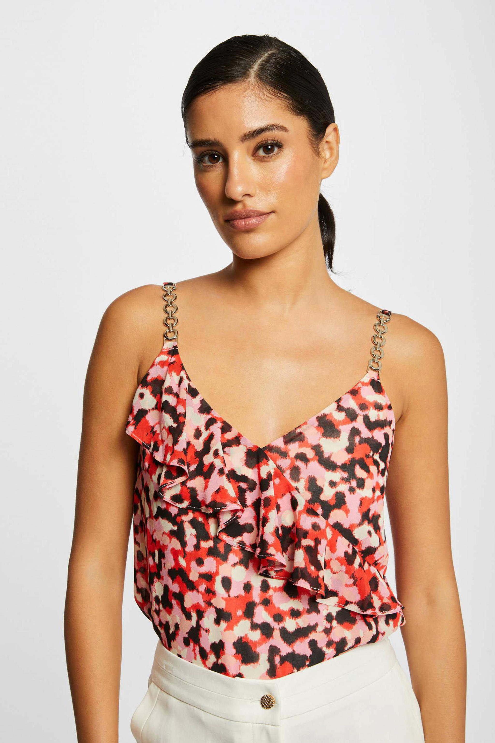 Morgan spaghettitop met all over print en ruches roze/ zwart | wehkamp