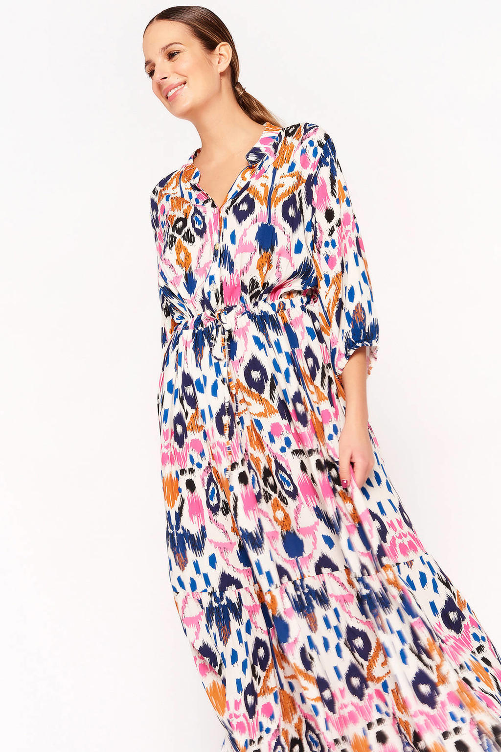 LOLALIZA maxi jurk met all over print en ceintuur oranje/blauw/roze | wehkamp