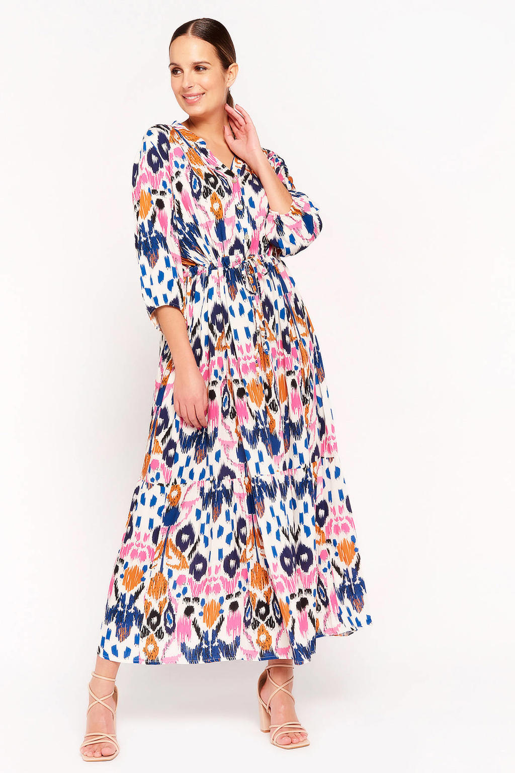 LOLALIZA maxi jurk met all over print en ceintuur oranje/blauw/roze | wehkamp