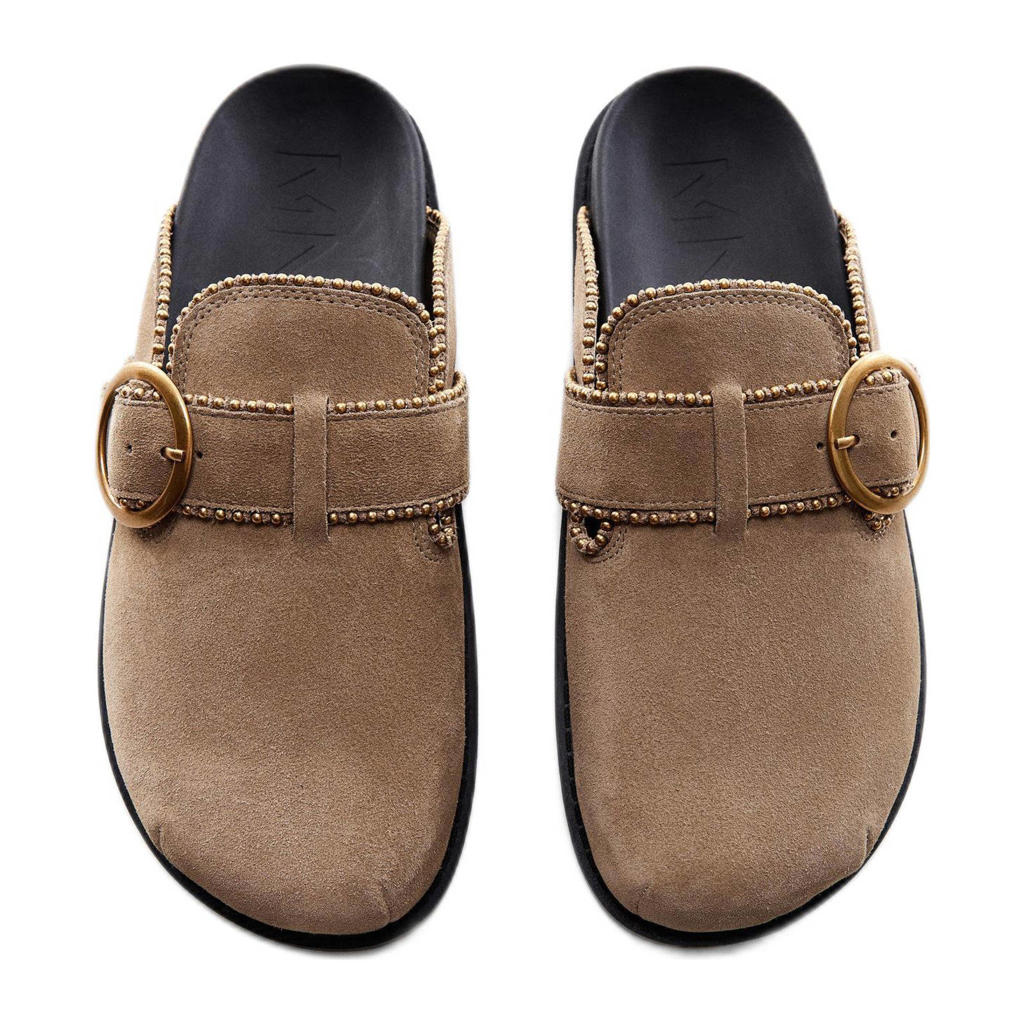 Mango suède clogs met studs bruin | wehkamp