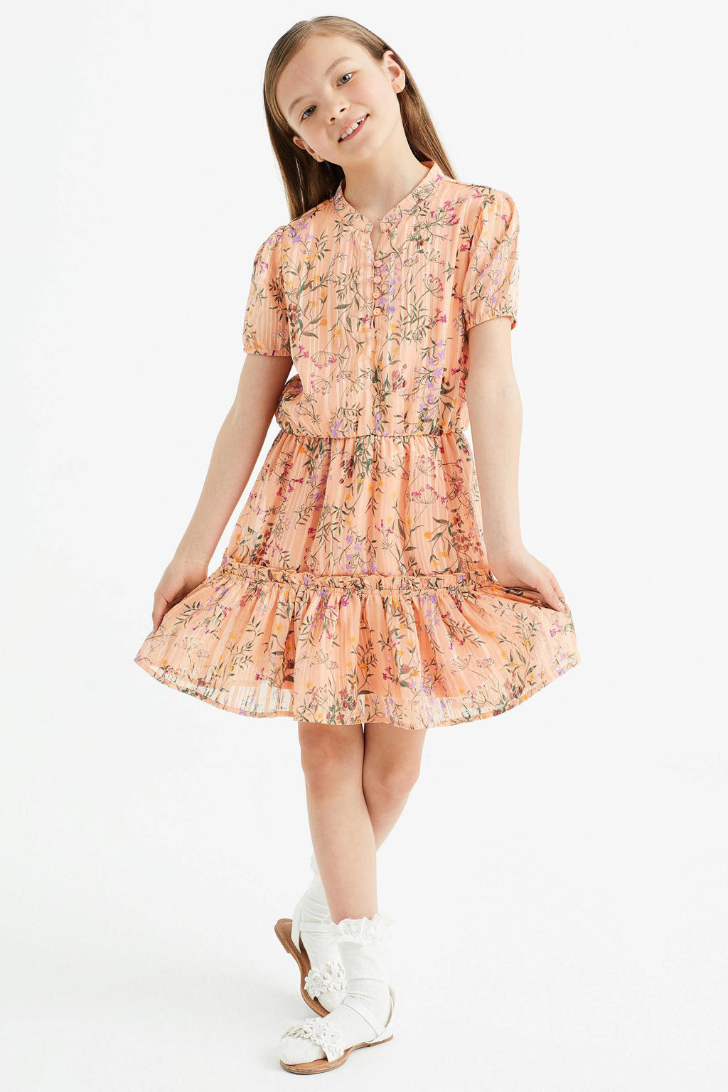 WE Fashion jurk met all over print en glitters zalm | wehkamp