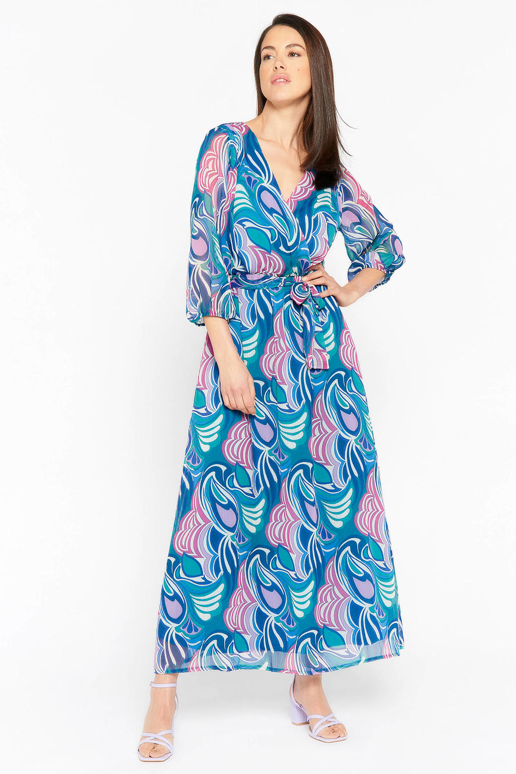 LOLALIZA maxi jurk met grafische print en ceintuur blauw/roze | wehkamp