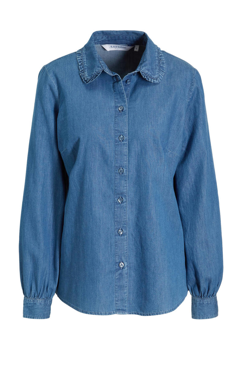 anytime denim blouse met peter pan kraag blauw | wehkamp