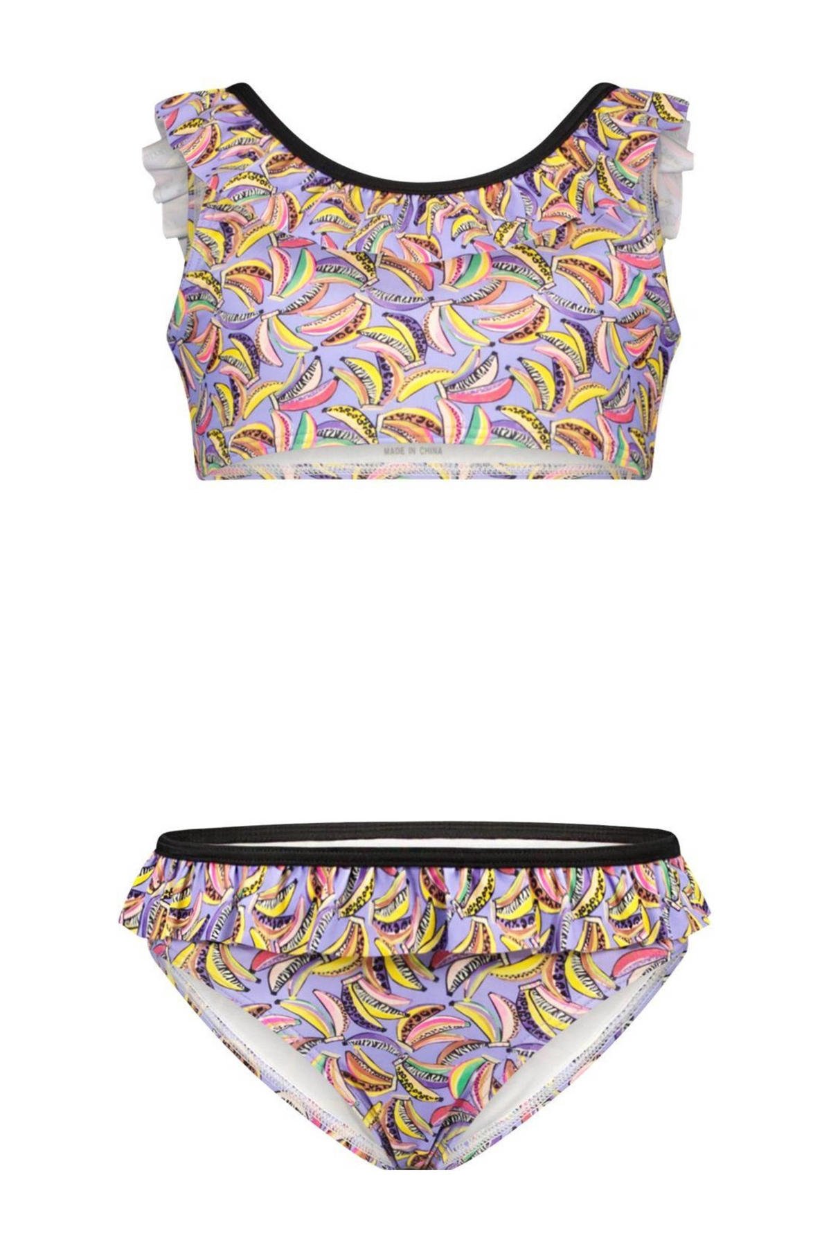 B.Nosy crop bikini met all over print en ruches paars/geel/roze | wehkamp