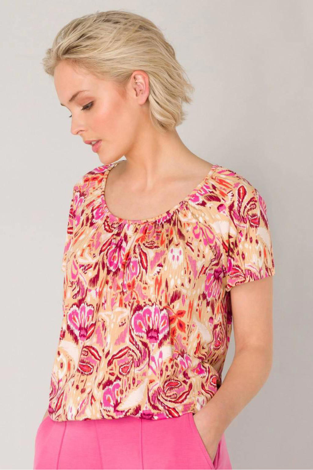 Yest top met all over print camel/rood/roze | wehkamp