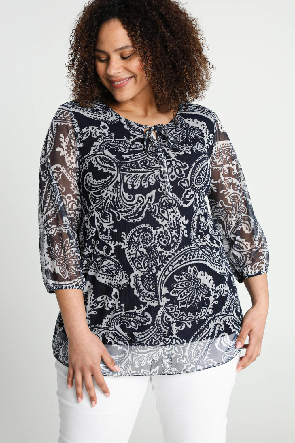 Paprika top met paisleyprint en mesh marine | wehkamp