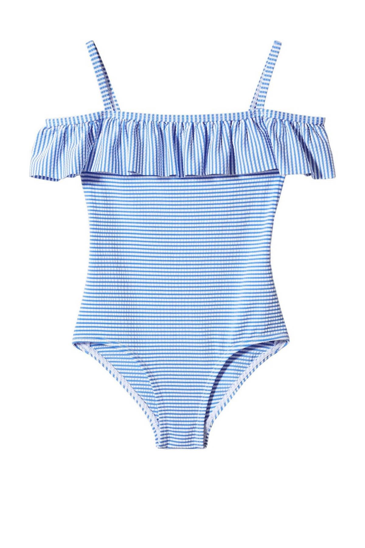 Mango Kids seersucker badpak met ruches blauw/wit | wehkamp
