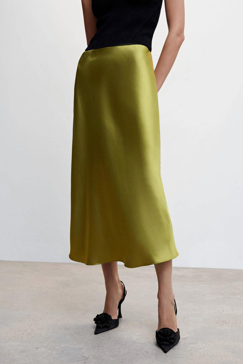 Mango satijnen midi rok groen | wehkamp