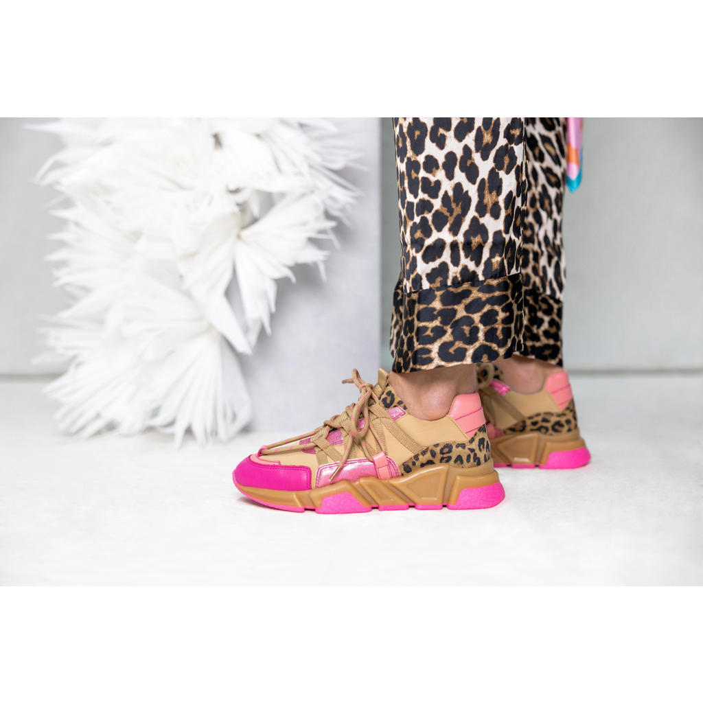 DWRS Los Angeles chunky leren sneakers met panterprint roze/camel | wehkamp