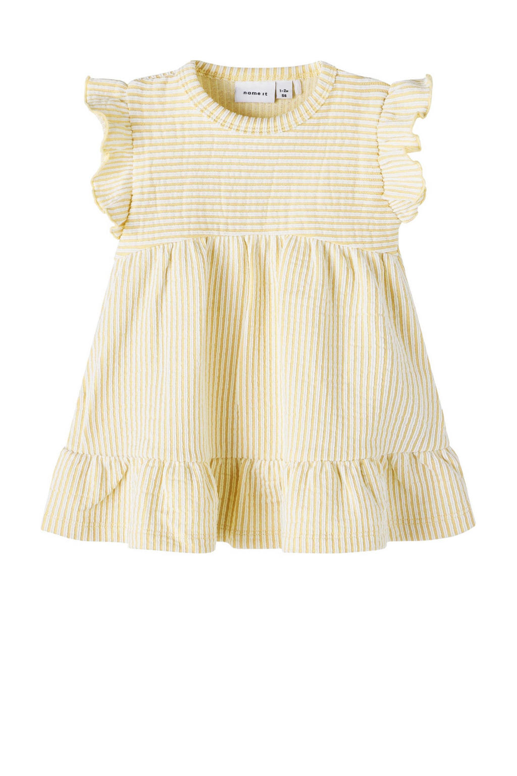 NAME IT BABY gestreepte baby A-lijn jurk NBFHUSSIE geel/wit | wehkamp