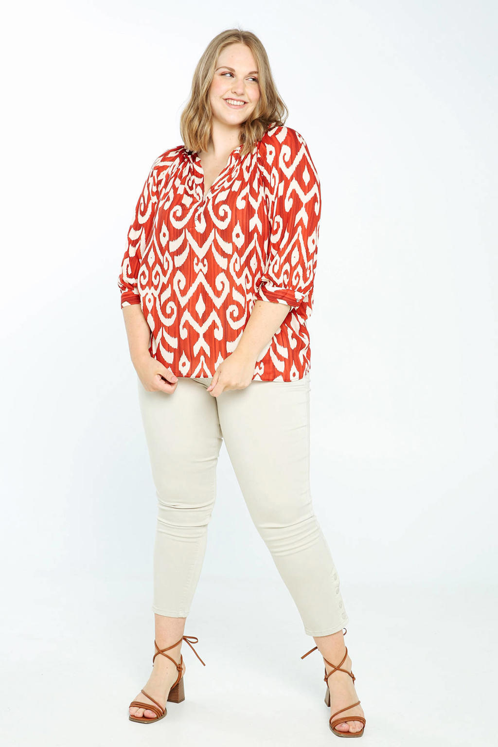 Paprika top met all over print en plooien rood/ecru | wehkamp