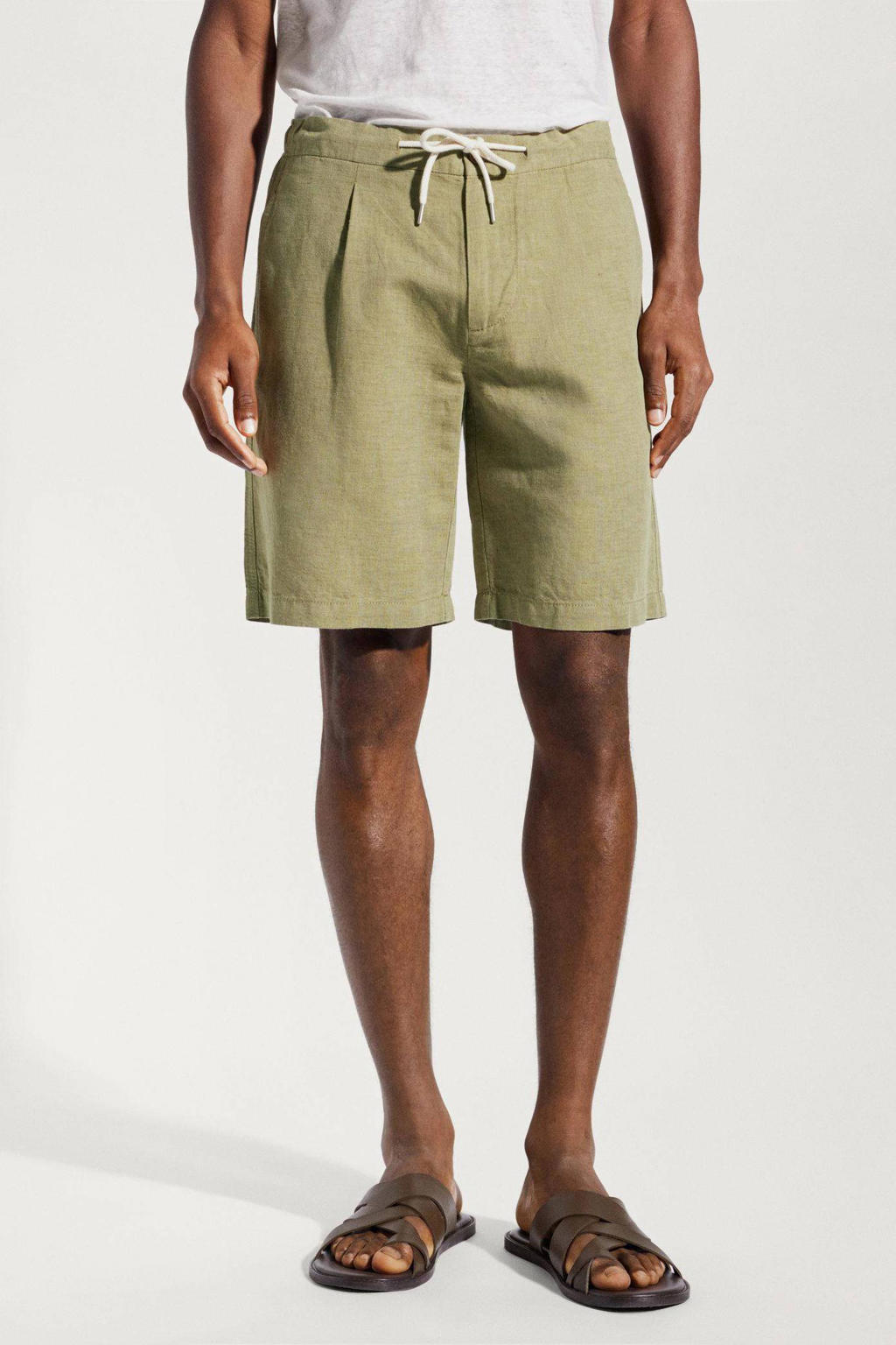 Mango Man regular fit short met linnen kaki | wehkamp