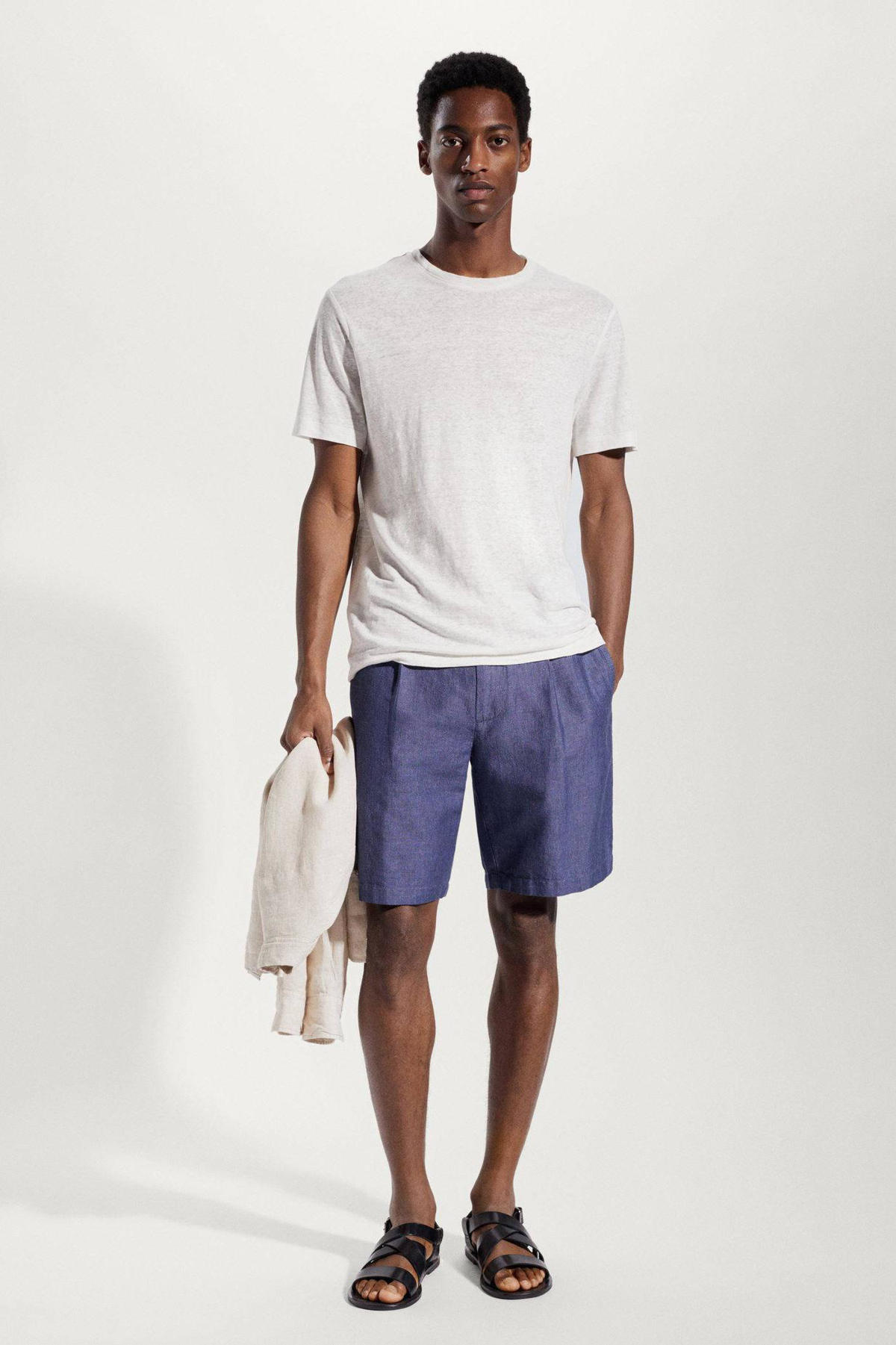 Mango Man slim fit short met linnen marineblauw | wehkamp