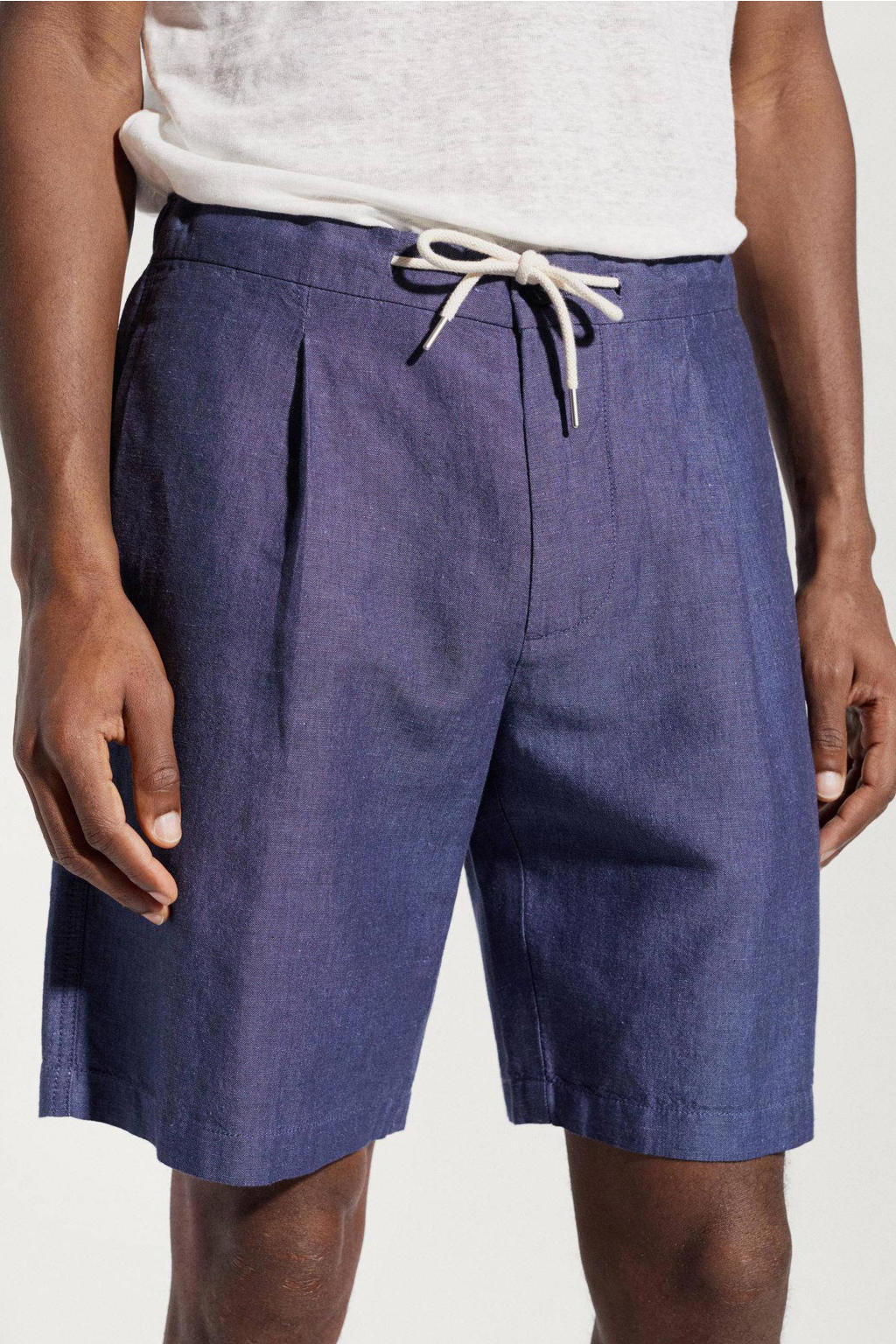 Mango Man slim fit short met linnen marineblauw | wehkamp