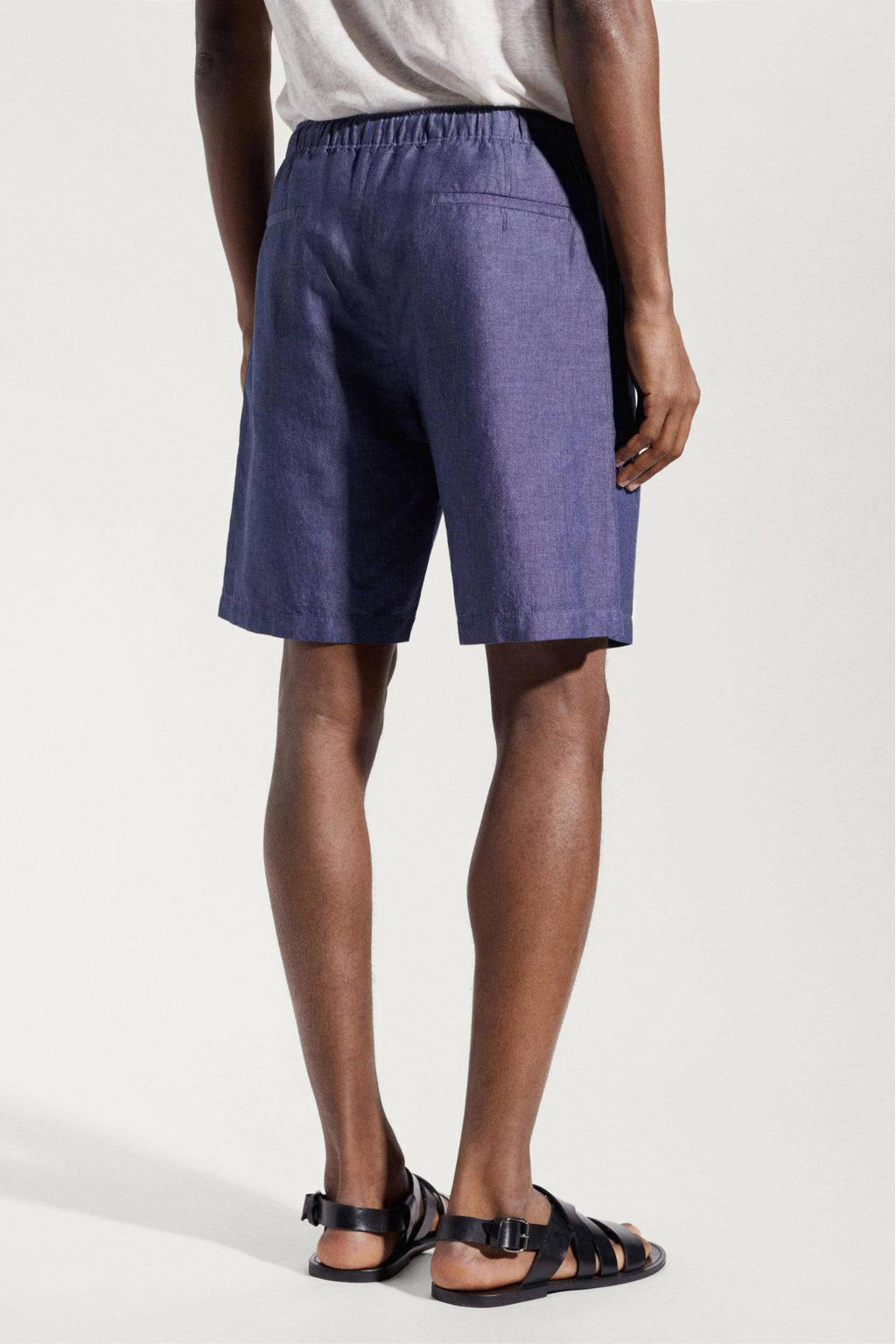 Mango Man slim fit short met linnen marineblauw | wehkamp