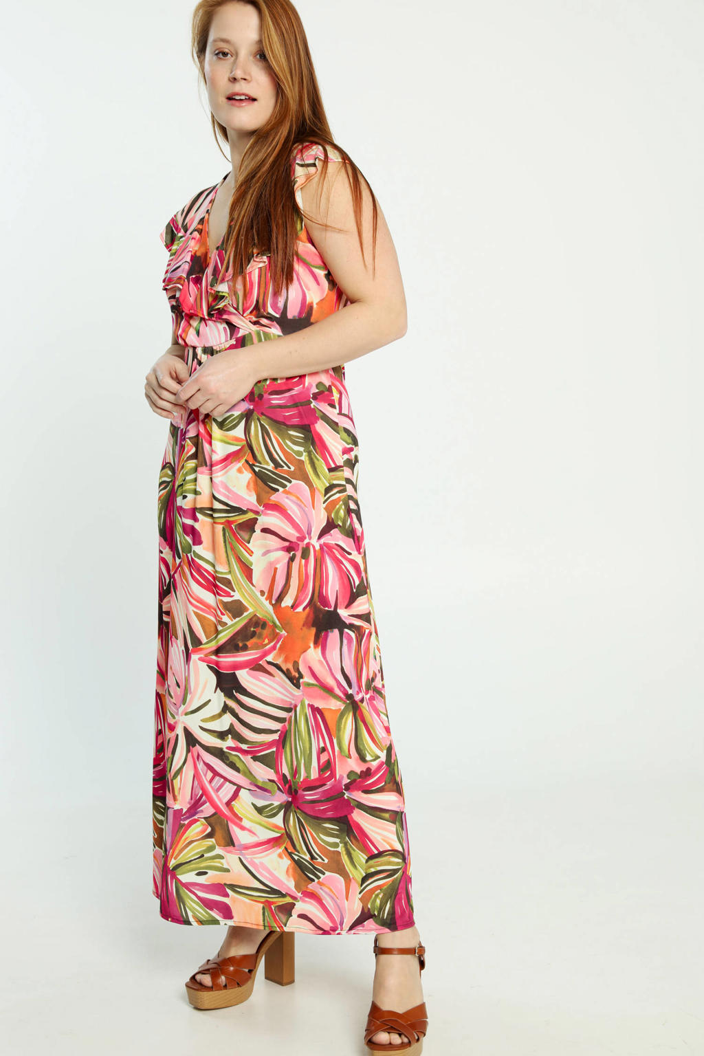 Cassis maxi jurk met bladprint en ruches roze/groen/oranje | wehkamp