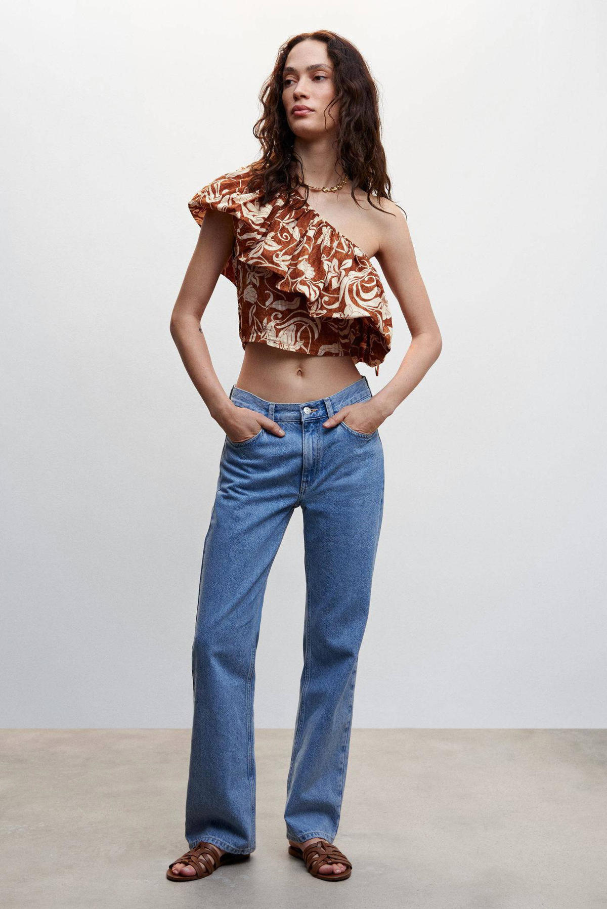 Mango crop top met all over print en ruches bruin/beige | wehkamp