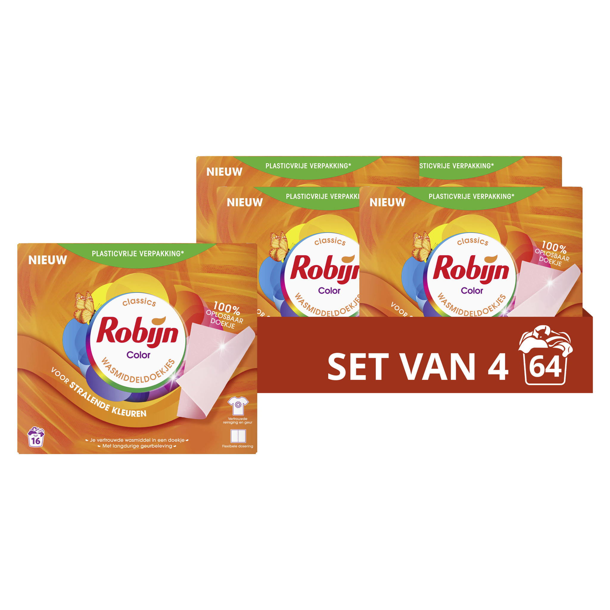 Robijn Classics Color wasmiddeldoekjes - 4 x 16 wasstrips - 64 ...
