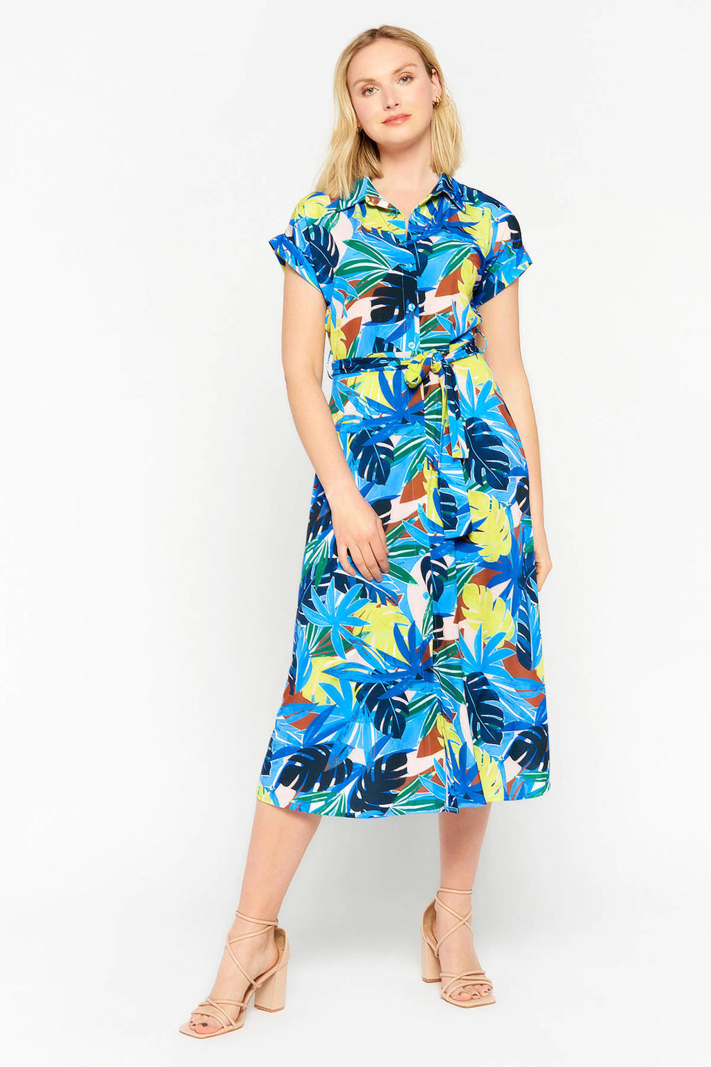 LOLALIZA blousejurk met bladprint en ceintuur blauw/ geel | wehkamp