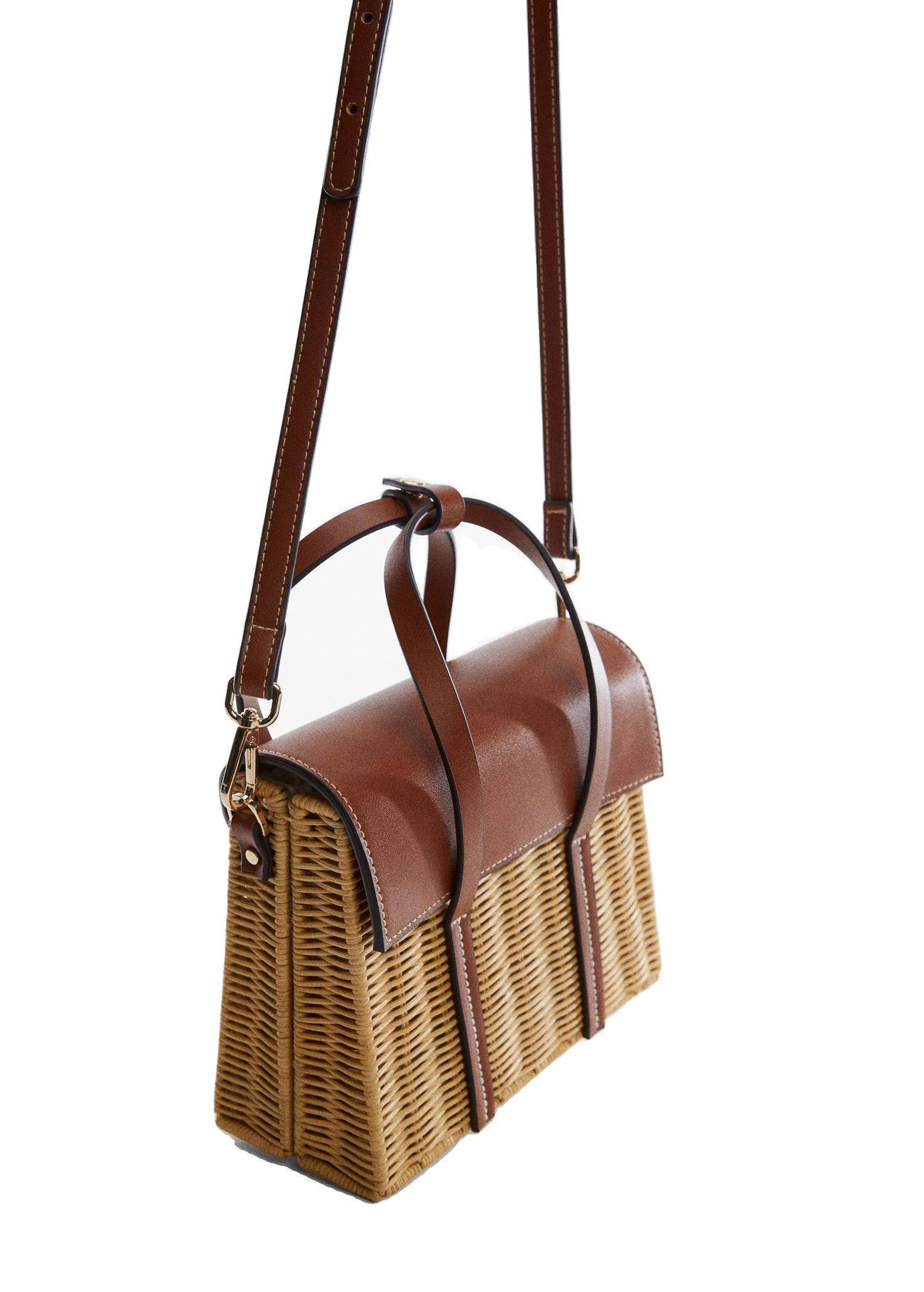 Mango rieten crossbody tas naturel/cognac | wehkamp