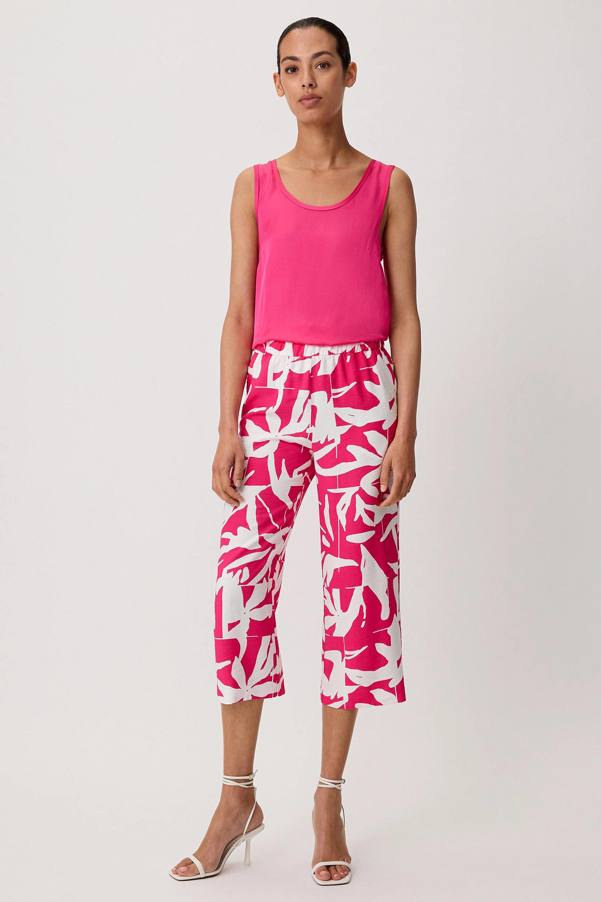 comma cropped wide leg culotte met bladprint roze/ wit | wehkamp