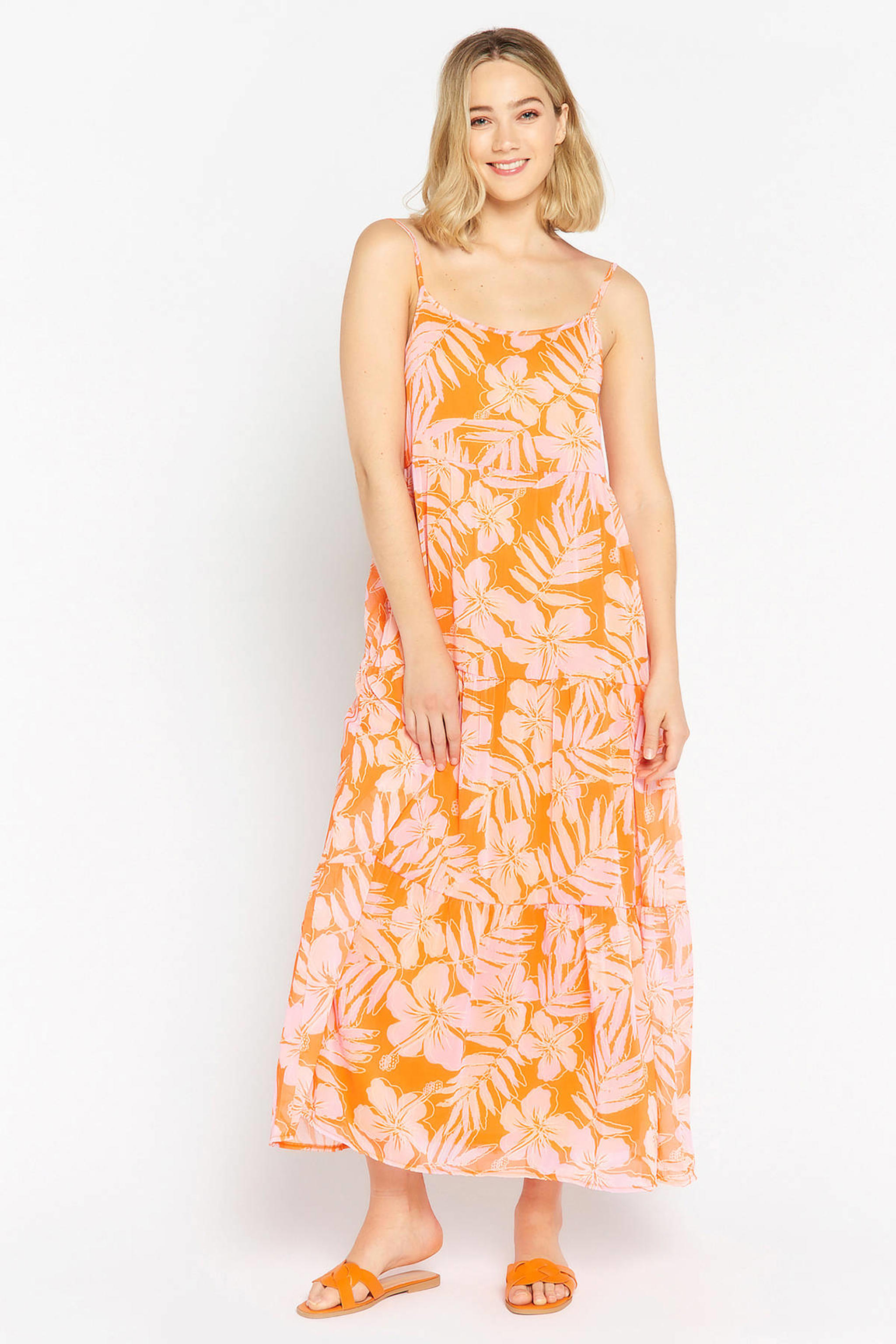 LOLALIZA gebloemde maxi jurk oranje/roze | wehkamp