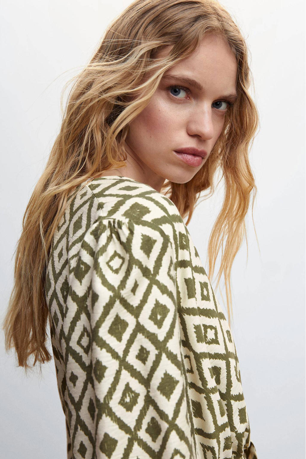 Mango jumpsuit met all over print groen/beige | wehkamp