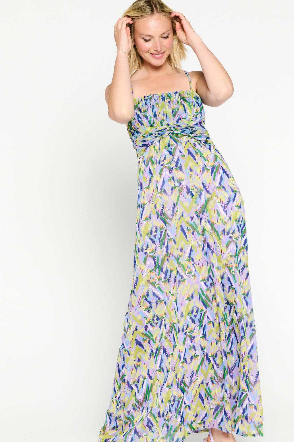 LOLALIZA maxi jurk met all over print en plooien turquoise/paars/geel | wehkamp