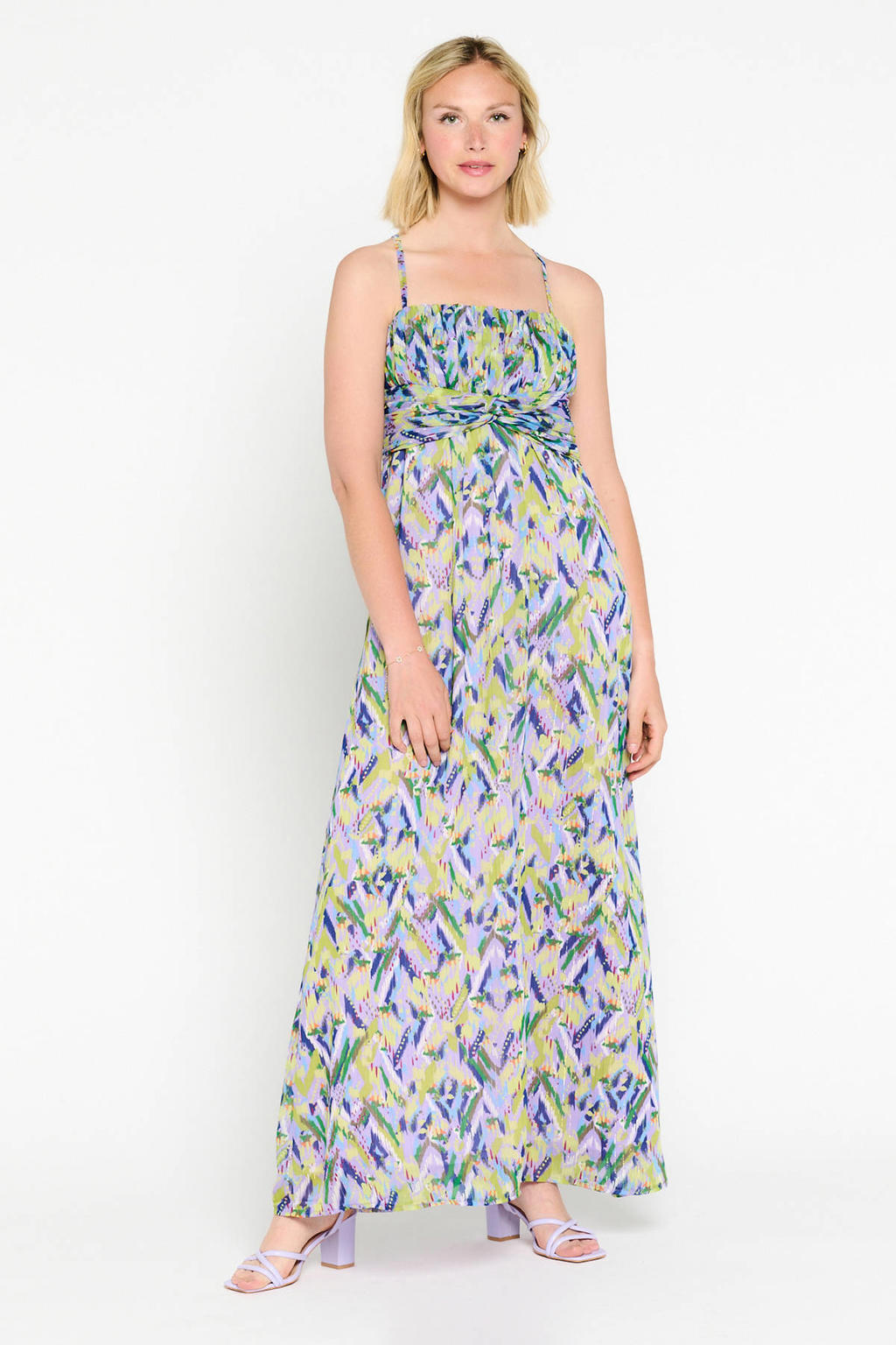 LOLALIZA maxi jurk met all over print en plooien turquoise/paars/geel | wehkamp