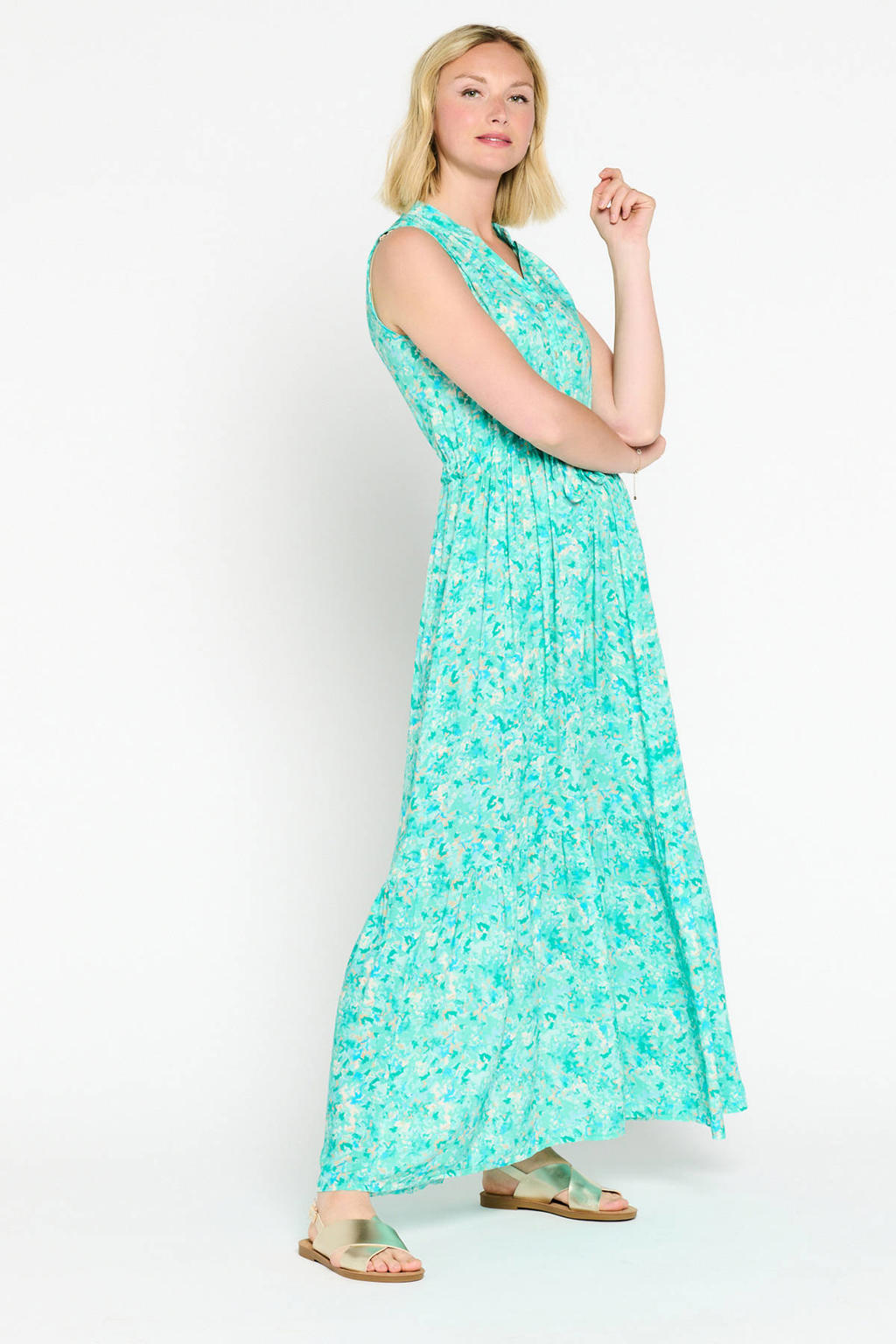 LOLALIZA maxi jurk met all over print en volant turquoise | wehkamp