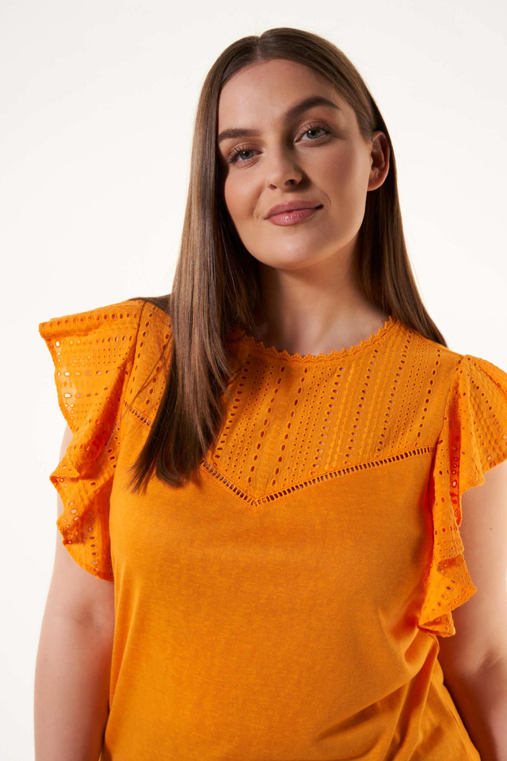 MS Mode top met ruches met broderie oranje | wehkamp
