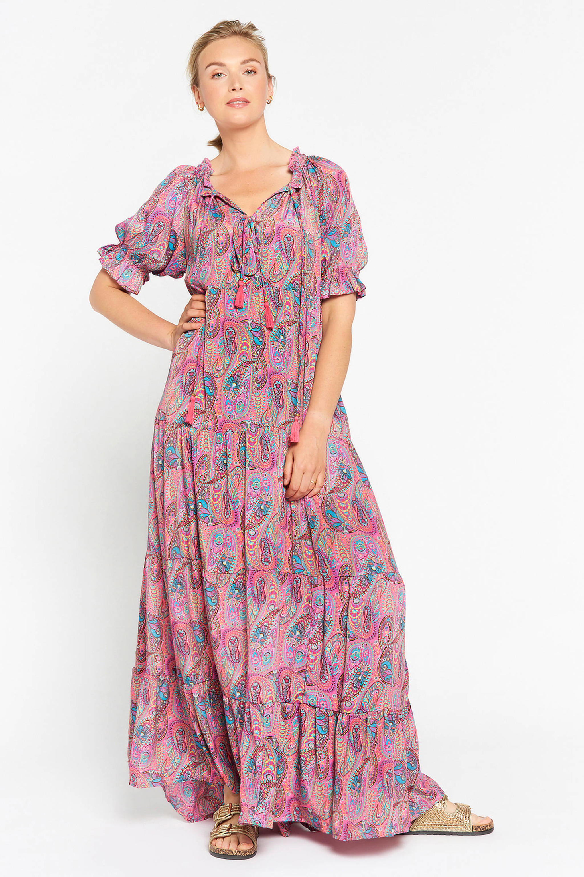LOLALIZA maxi jurk met paisleyprint en volant roze | wehkamp