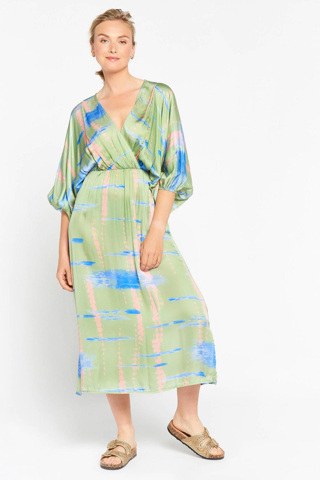 LOLALIZA satijnen jurk met all over print groen/blauw/roze | wehkamp