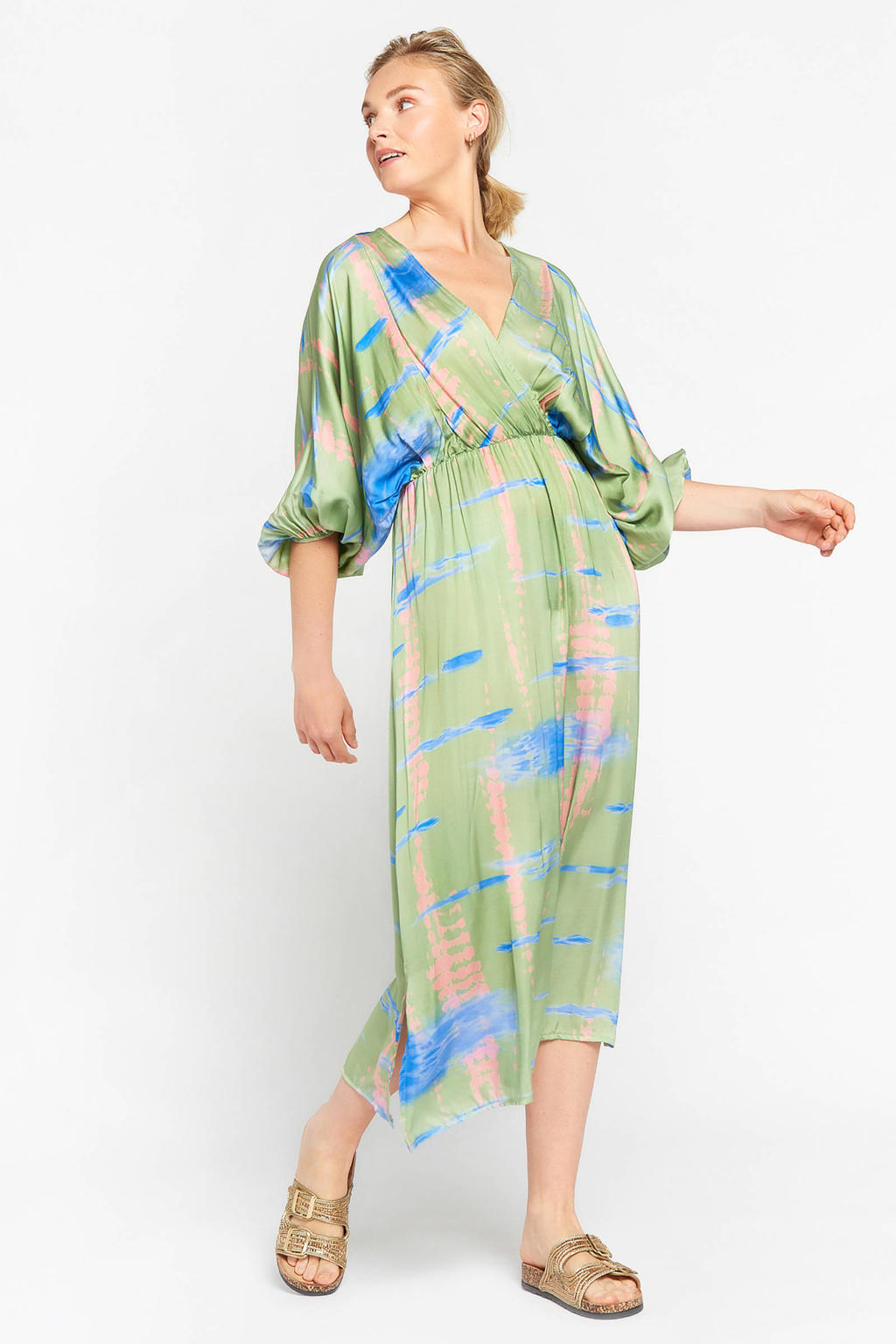 LOLALIZA satijnen jurk met all over print groen/blauw/roze | wehkamp