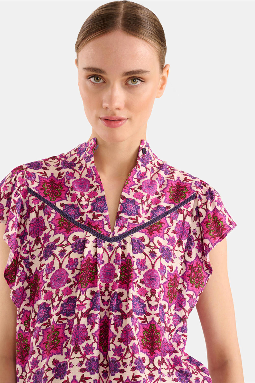 Shoeby top met all over print en ruches roze/ecru | wehkamp