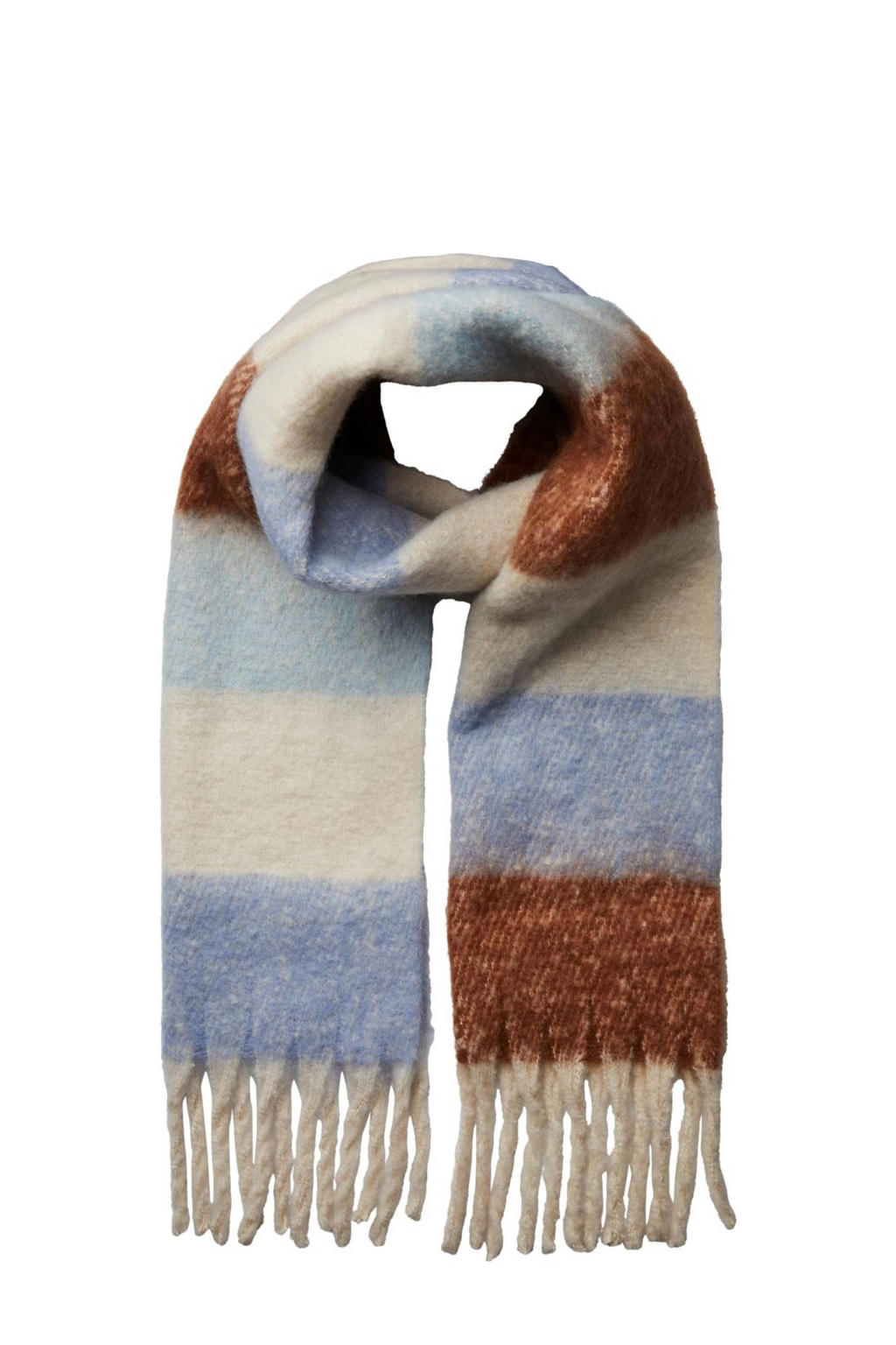 PIECES geruite sjaal met franjes PCSOMMER blauw/bruin/ecru | wehkamp