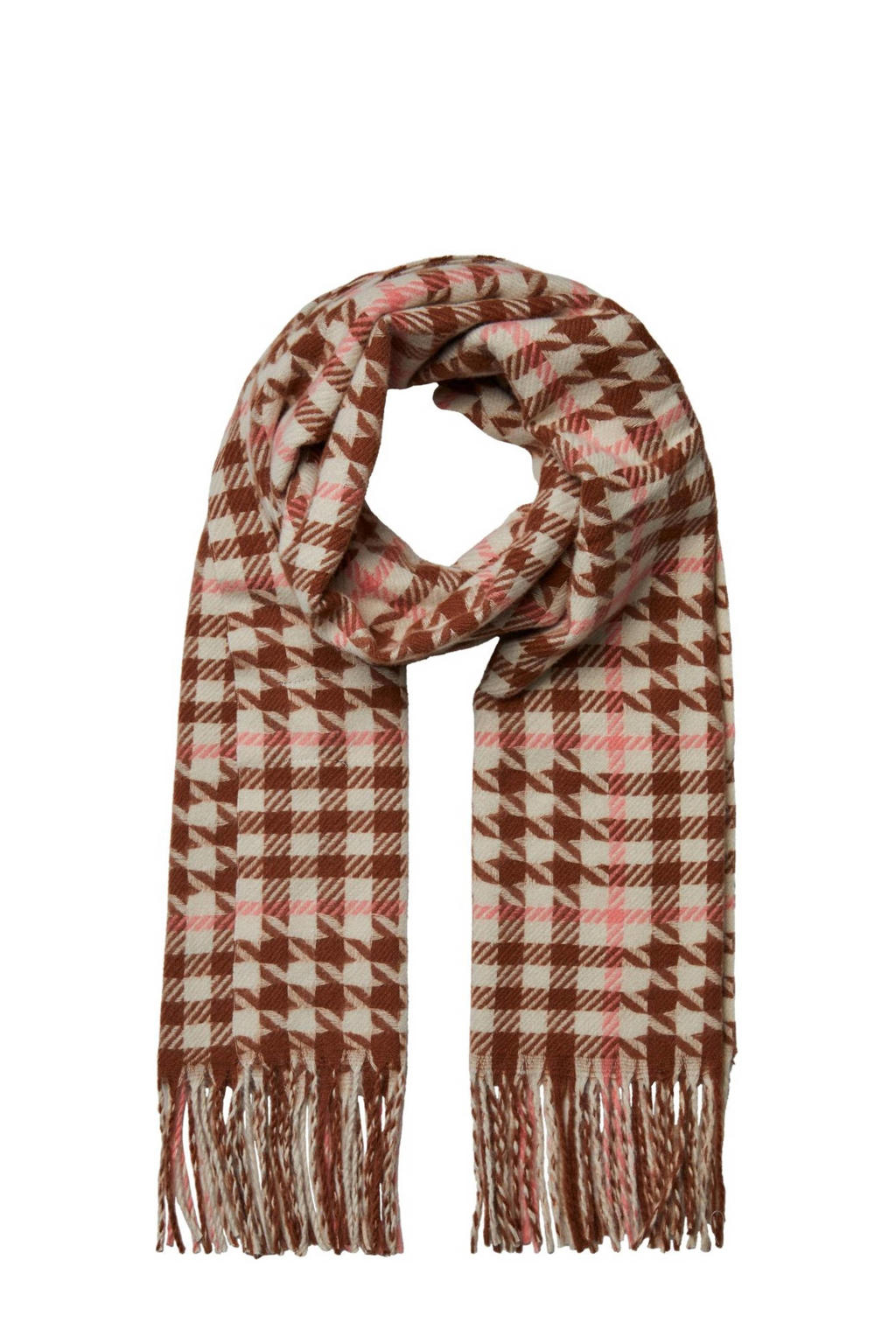 PIECES geruite sjaal met franjes PCSELINA bruin/rood | wehkamp