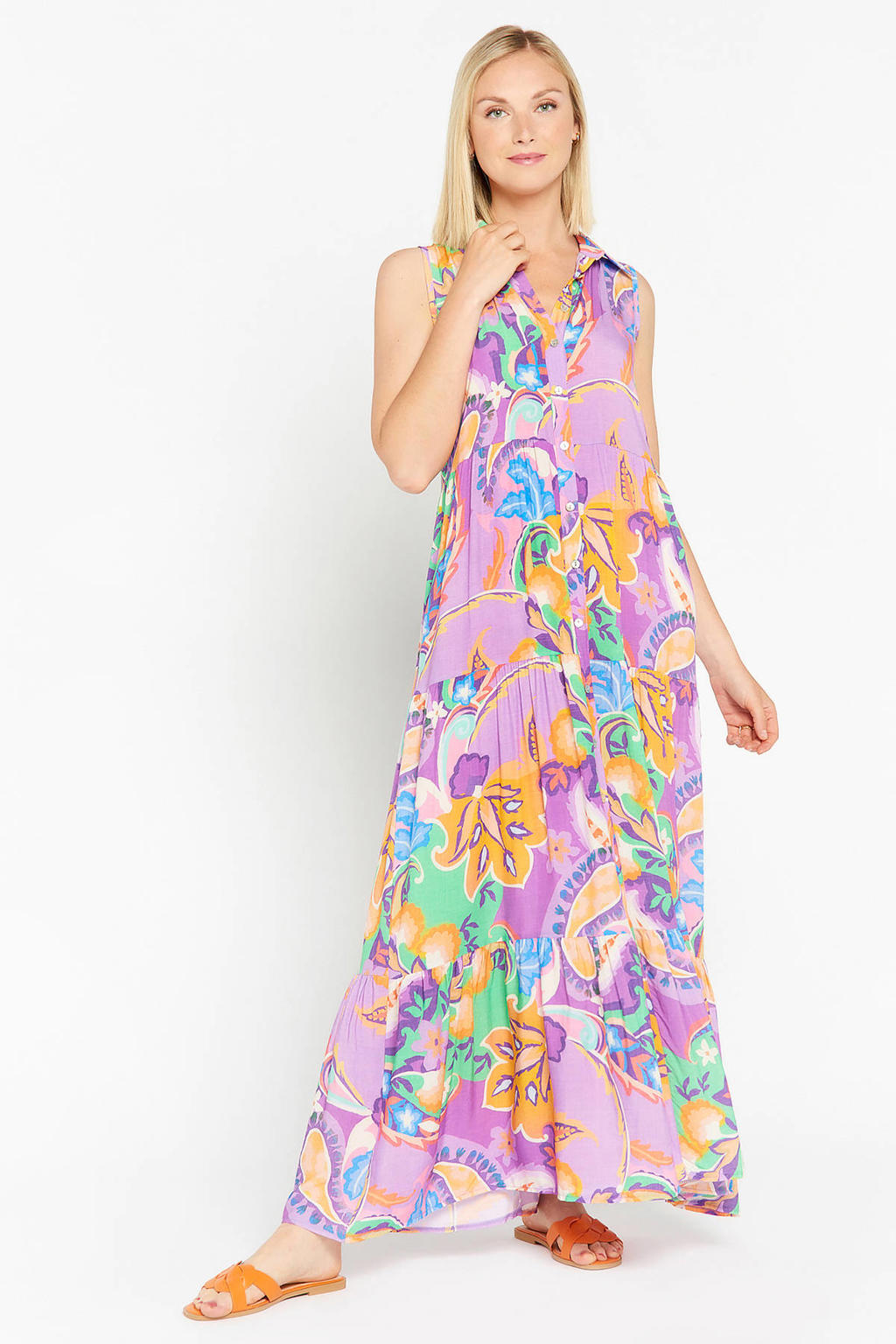 LOLALIZA maxi jurk met all over print en volant paars/oranje/blauw | wehkamp