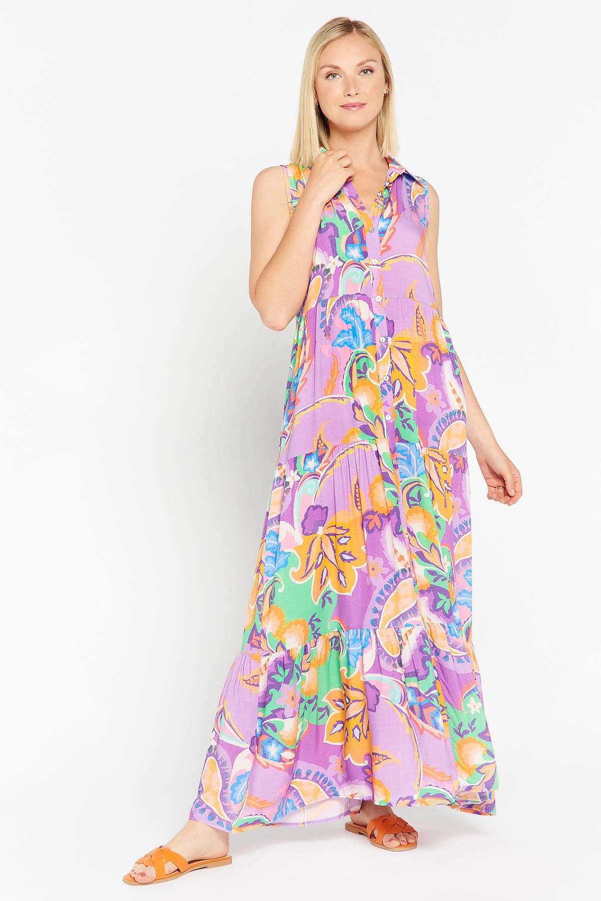 LOLALIZA maxi jurk met all over print en volant paars/oranje/blauw | wehkamp