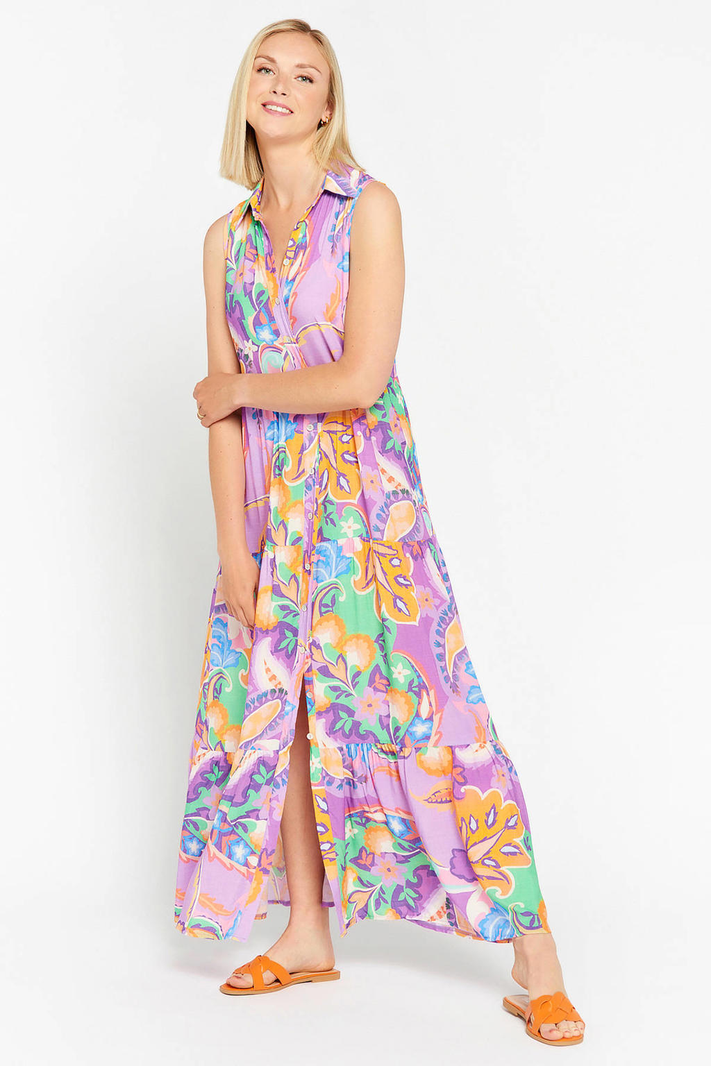 LOLALIZA maxi jurk met all over print en volant paars/oranje/blauw | wehkamp