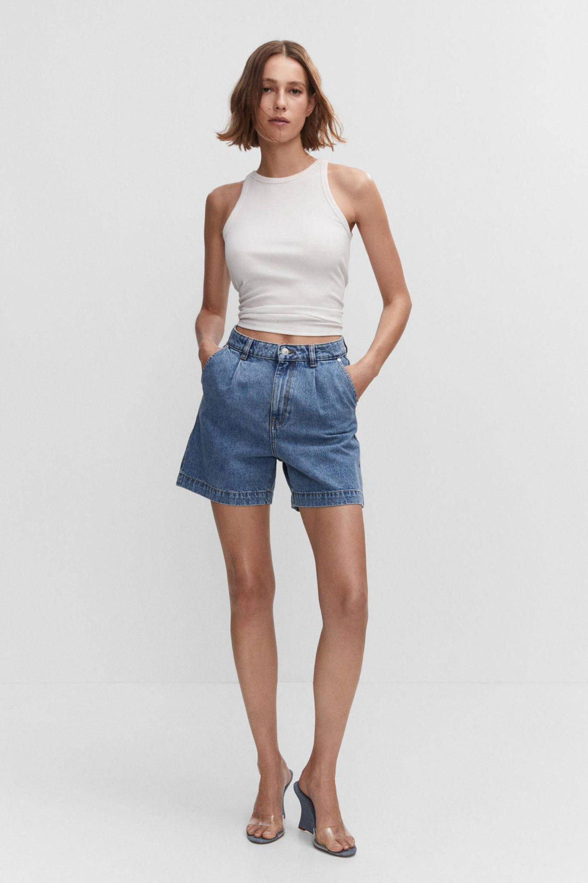 Mango high waist straight fit short medium blue denim | wehkamp